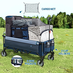 TIMBER RIDGE 51.2'' Extended Collapsible Wagon Cart with Cargo Net, 350LBS Heavy Duty Foldable Utility Wagon with Adjustable Handle, 250L Capacity Portable Cart for Camping Sports Shopping, Blue