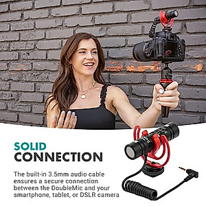 Movo DoubleMic V2 Two-Sided Supercardioid Video Shotgun Microphone for iPhone, Android, Smartphones or DSLR Camera - Dual Capsule External Mic with Improved Wind Protection - Latest Version