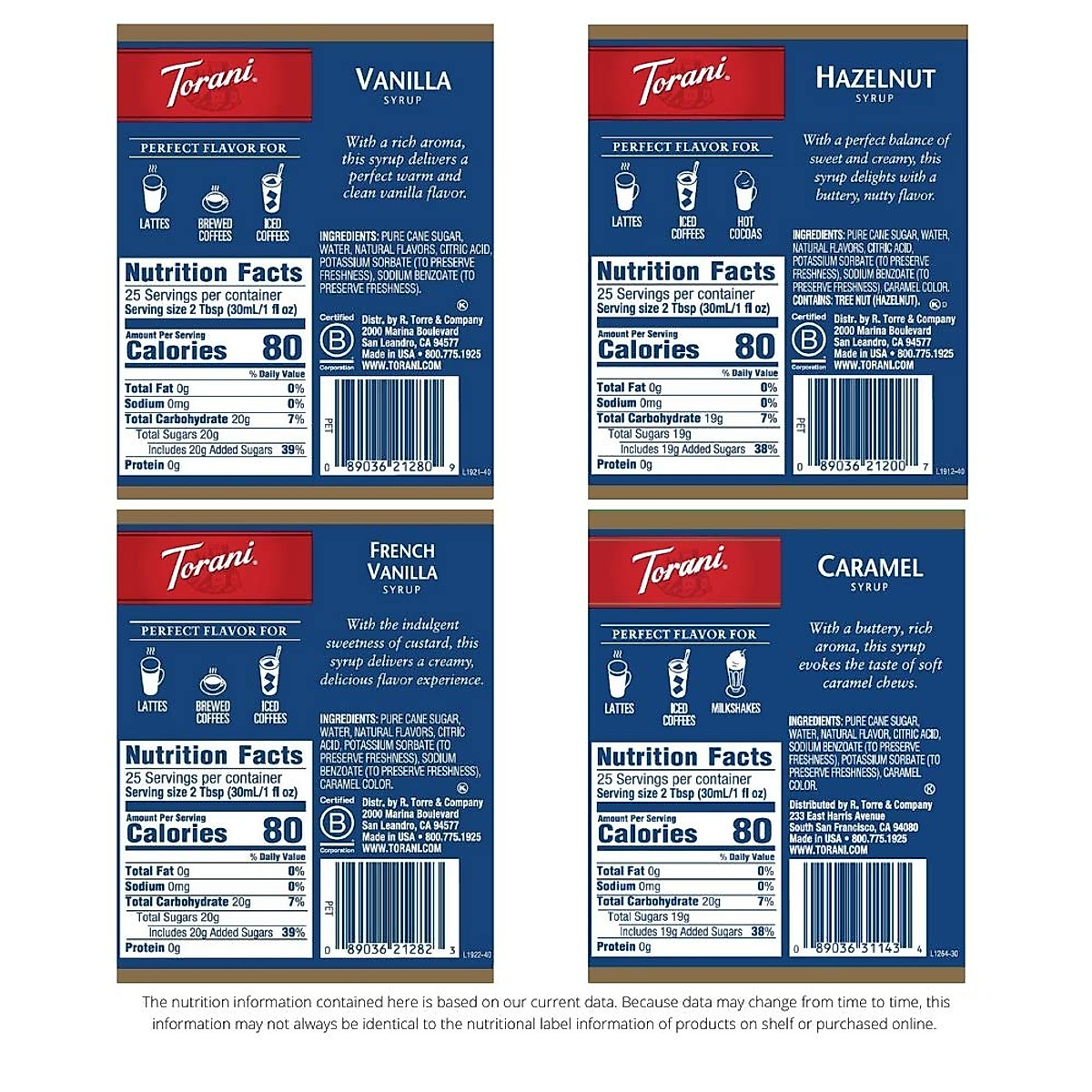 Torani Variety Pack Caramel, French Vanilla, Vanilla & Hazelnut, 25.4 Ounces (Pack of 4)