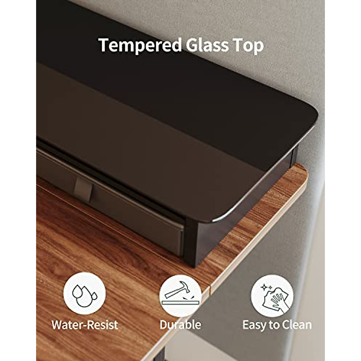 BANTI 55"x 26" Electric Standing Desk with Glass Top Monitor Stand, Adjustable Sit Stand Up Table with Double Drawer, Sit Stand Desk with Storage Shelf, Black Walnut Top