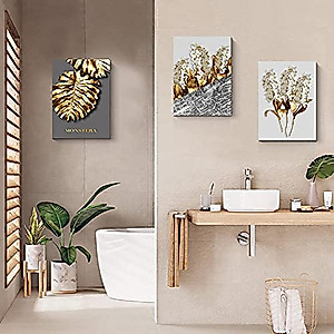 QTESPEII Large Modern Canvas Wall Art Hyacinth Painting White Flower Gold Leaf Canvas Prints for Living Room Bedroom Office Wall Decor Framed Home Office Walls Decorations, 16"x24" 3 Pieces