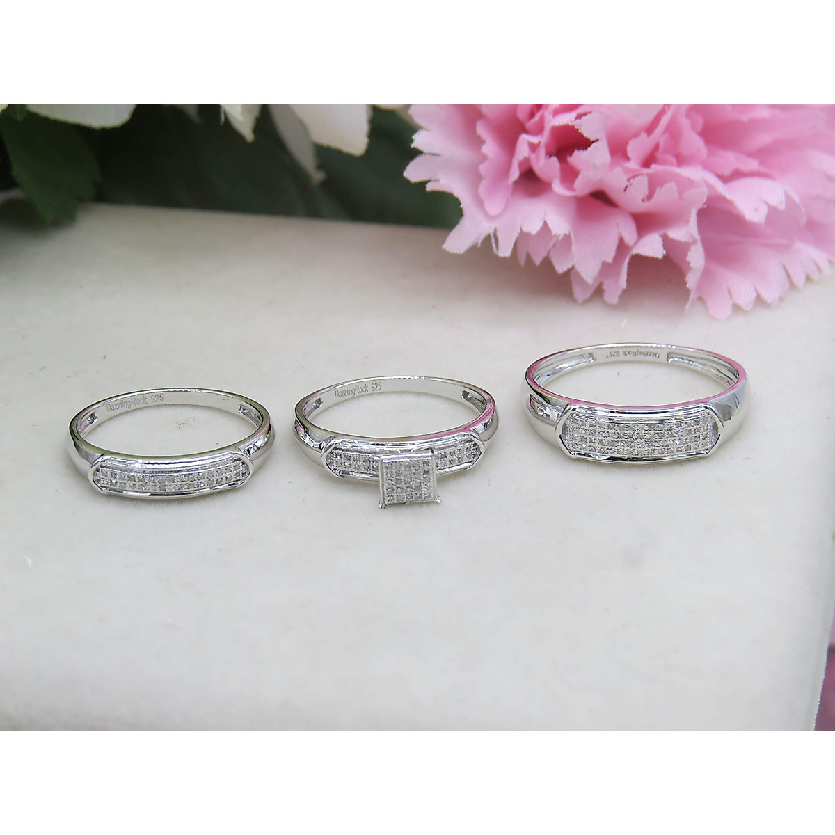 Dazzlingrock Collection 0.30 Carat (ctw) Round White Diamond Mens & Womens Trio Bridal Wedding Ring Set 1/3 CT, Sterling Silver