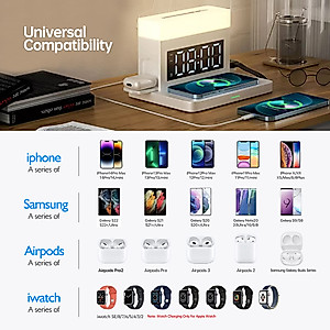 SMSASOEO Wireless Charger,6 in 1 Wireless Charging Station with Digital Alarm Clock & Night Light,15W Fast Charger Compatible with iPhone 14/13/12/11/XS Samsung Galaxy AirPods & Apple Watch