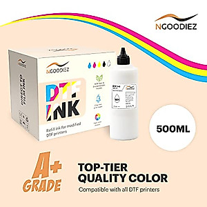 NGOODIEZ DTF Ink White - Premium DTF Refill Ink for Heat Transfer Film Printing for Epson & All Desktop DTF Printers L1800 L805 R1390 5113 XP600 I3200 DX5 DX7 4720, Strong Whiteness (White, 500ml)