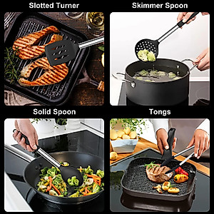 E-far Silicone Cooking Utensils Set, 7 Pcs Heat Resistant Kitchen Utensils with Stainless Steel Handle, Slotted Turner, Spoon, Soup Ladle, Pasta Server, Skimmer, Tongs for Nonstick Cookware, Black