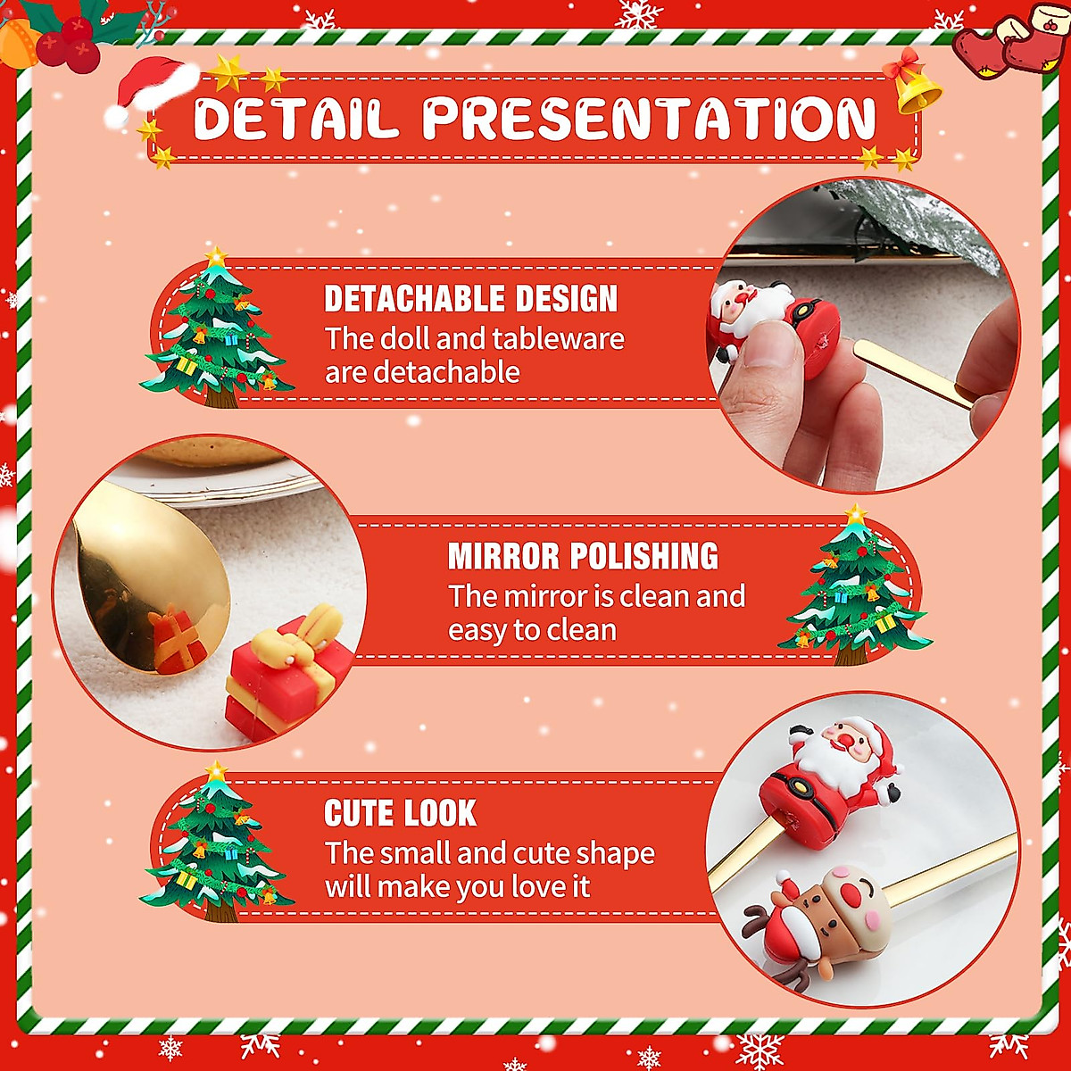 Ganbaro® Christmas Forks and Spoons, Dessert Forks and Spoons, Christmas Cutlery 3 Christmas Spoons and 3 Christmas Forks Stainless Steel Set with Gift Box for Festive Celebrations