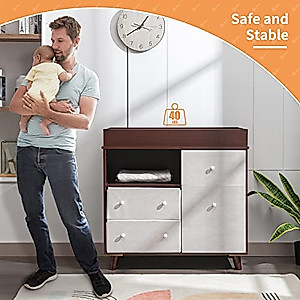 MOOITZ Changing Table Dresser with 3 Drawers, 2 Cabinets, Can be Used as a Baby Changing Table Dresser, a Dresser Changing Table, Changing Table with Drawers(White Dark Brown)