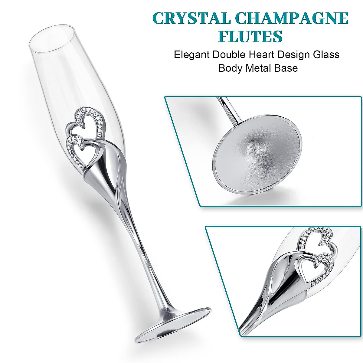 Zhehao Wedding Champagne Flutes and Cake Knife Server Set Toasting Glasses Toasting Champagne Flutes with Rhinestone Rimmed Hearts Decoration Couple Cake Cutting Set for Wedding Anniversary (Silver)