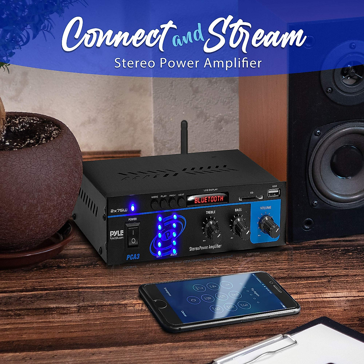 Pyle Home Home Audio Power Amplifier System - 2X75W Mini Dual Channel Sound Stereo Receiver Box w/ LED - For Amplified Speakers, CD Player, Theater via 3.5mm RCA - For Studio, Home Use - Pyle PCA3
