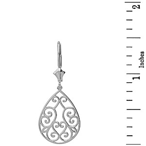 Solid 14k White Gold Filigree Teardrop Dangle Earrings