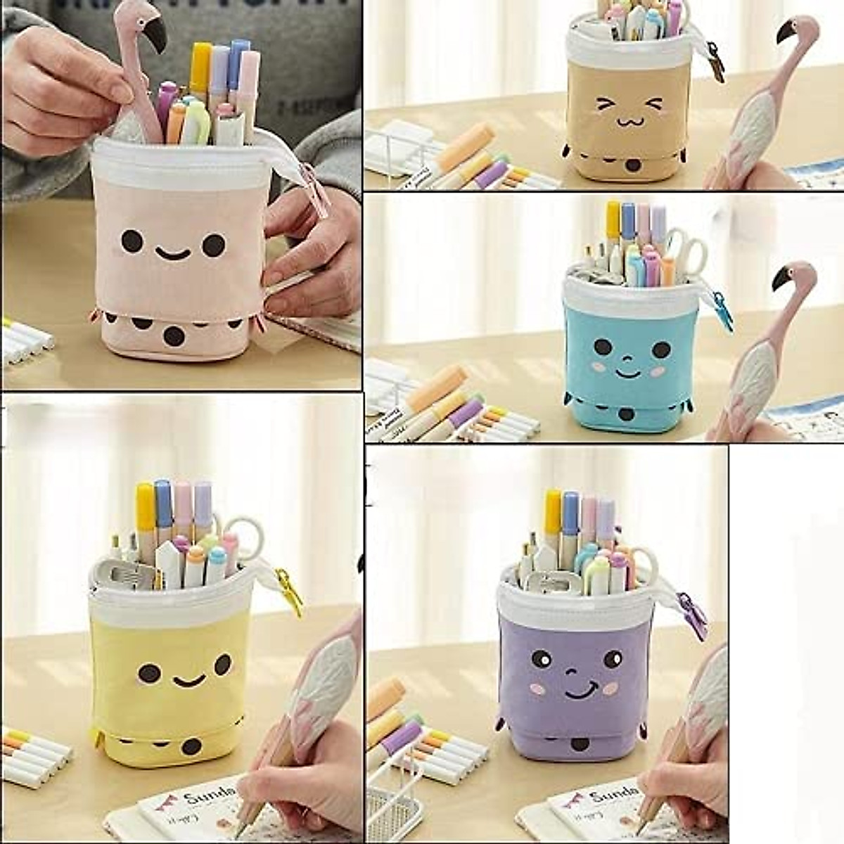 Cute Pencil Case Kawaii Standing Pen Holder Bubble Tea Boba Milktea Pop Up Back to School Supplies Stationery Organizer Bag with Smile Face Cosmetics Pouch Makeup Bag for Kids Students Teens (Pink)