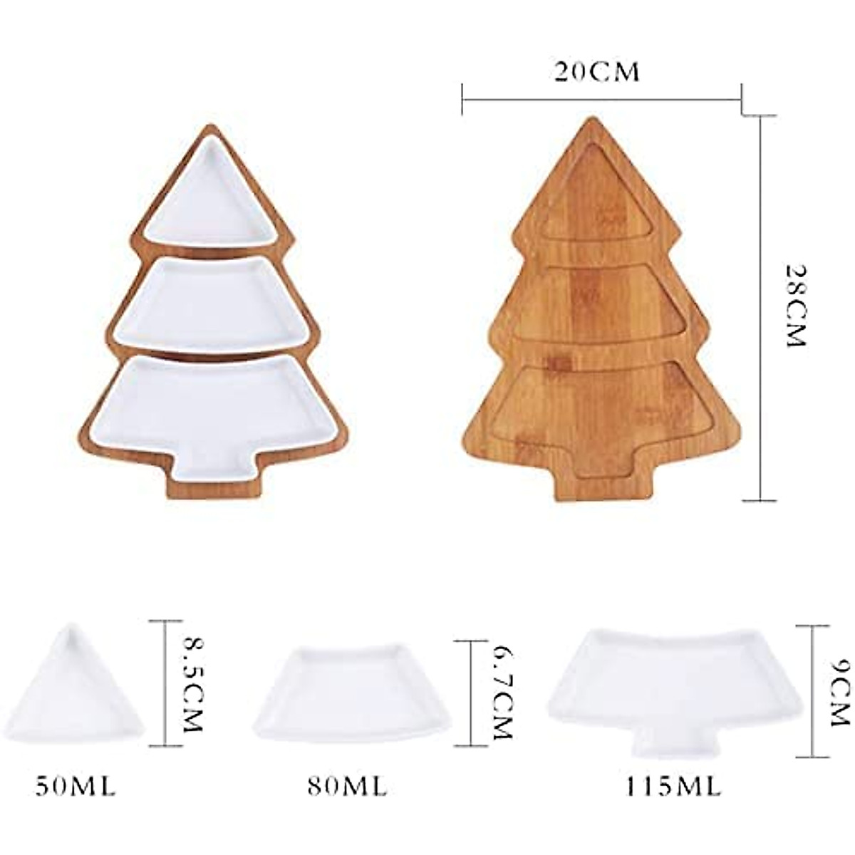 Loticy White Tree Plates Chip & Dip Set, 11 Inches Ceramic Snack Plate with Bamboo Tray, Removable Porcelain Christmas Tree Appetizer Dessert Fruit Salad Saucers Bowl, Cutlery Platter Serving Dish