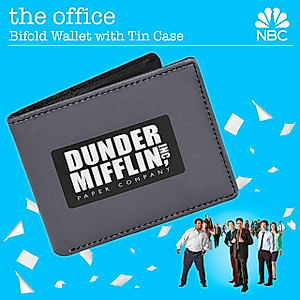 Concept One The Office Wallet, Dunder Mifflin Slim Bifold Wallet with Decorative Tin Case for Men and Women, Grey