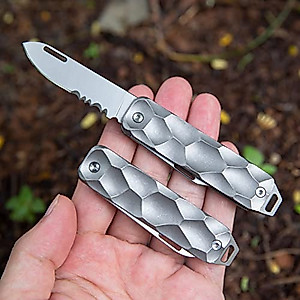 ainhue AU001 Compact Double-bladed Folding Pocket Knife, Half-serrated D2 blade, Bottle Opener, Scalloped TC4 Titanium Handle with a Pry Bar Lanyard. Slip Joint Utility Multi-tool EDC Knives
