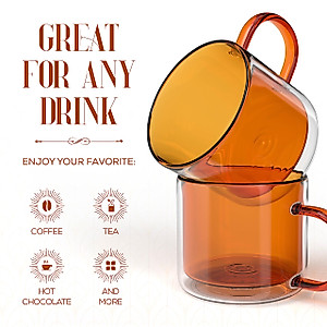 elle decor Double Wall Coffee Mug | Set of 2 | 10-Ounce | Cute Coffee, Tea, and Milk Glass Mugs with Handle | Insulated Tea Cup | Gift Set for Valentines Day, Birthday, & Holidays (Amber)