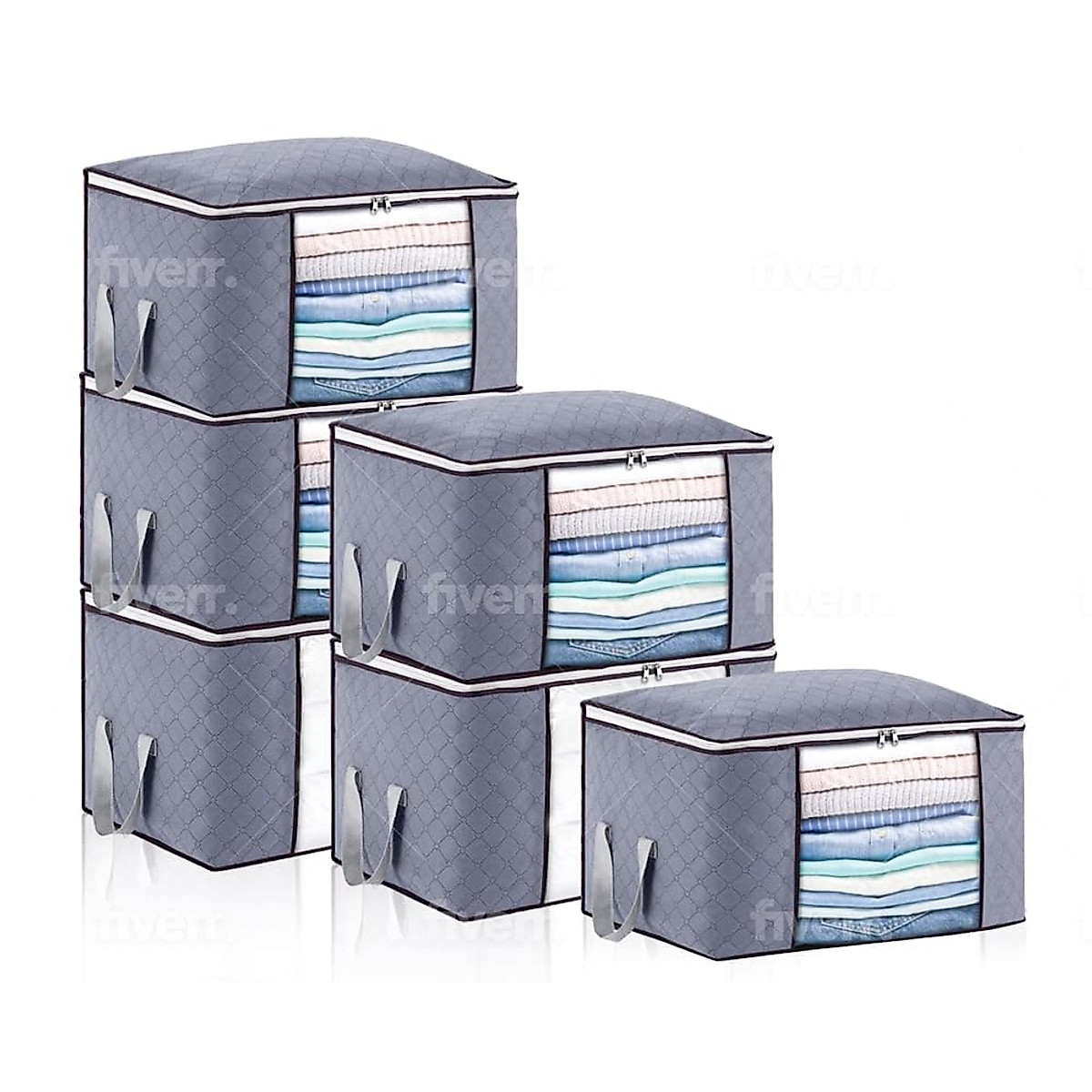 84L Quilted Storage Bags with Clear Window and Handles, Set of 6, Gray