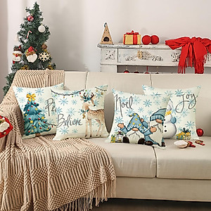 LITIVY Christmas Pillow Covers 18x18 Set of 4 for Xmas Decorative Pillowcase Winter Holiday Throw Cushion Case for Sofa Couch Home Farmhouse Decor (Christmas Tree Snowman Gnome Deer) (18"x18", Blue)