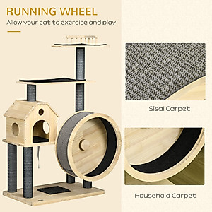 PawHut 56" Cat Tree Activity Condo Luxury Pine Wood with Hamster-Wheel, Sisal Scratching Posts, Elevated Perches, & Roomy Interior