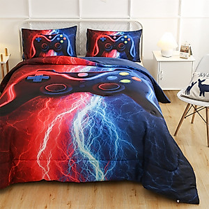 Meeting Story Gamer Gaming Bedding Sets Tie Dye Lightnings Gamepad Comforter Set for Boys Games Console Action Buttons Novelty Colorful Modern Room Decor Home Quilt Set (Twin, Red-Blue)
