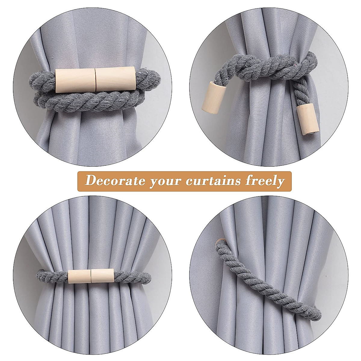 NICEEC 2 Pack Wooden Magnetic Curtain Tiebacks Boho Home Decoration Drape Tie Backs Natural Cotton Handmade Rope Curtain Holdbacks for Thin or Thick Home & Office Window Drapery (Grey)