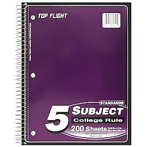 Top Flight Standards 5-Subject Wirebound Notebook, 200 Sheets, 3-Hole Punched, College Rule, 10.5 x 8 Inches, 1 Notebook, Color May Vary (31820)