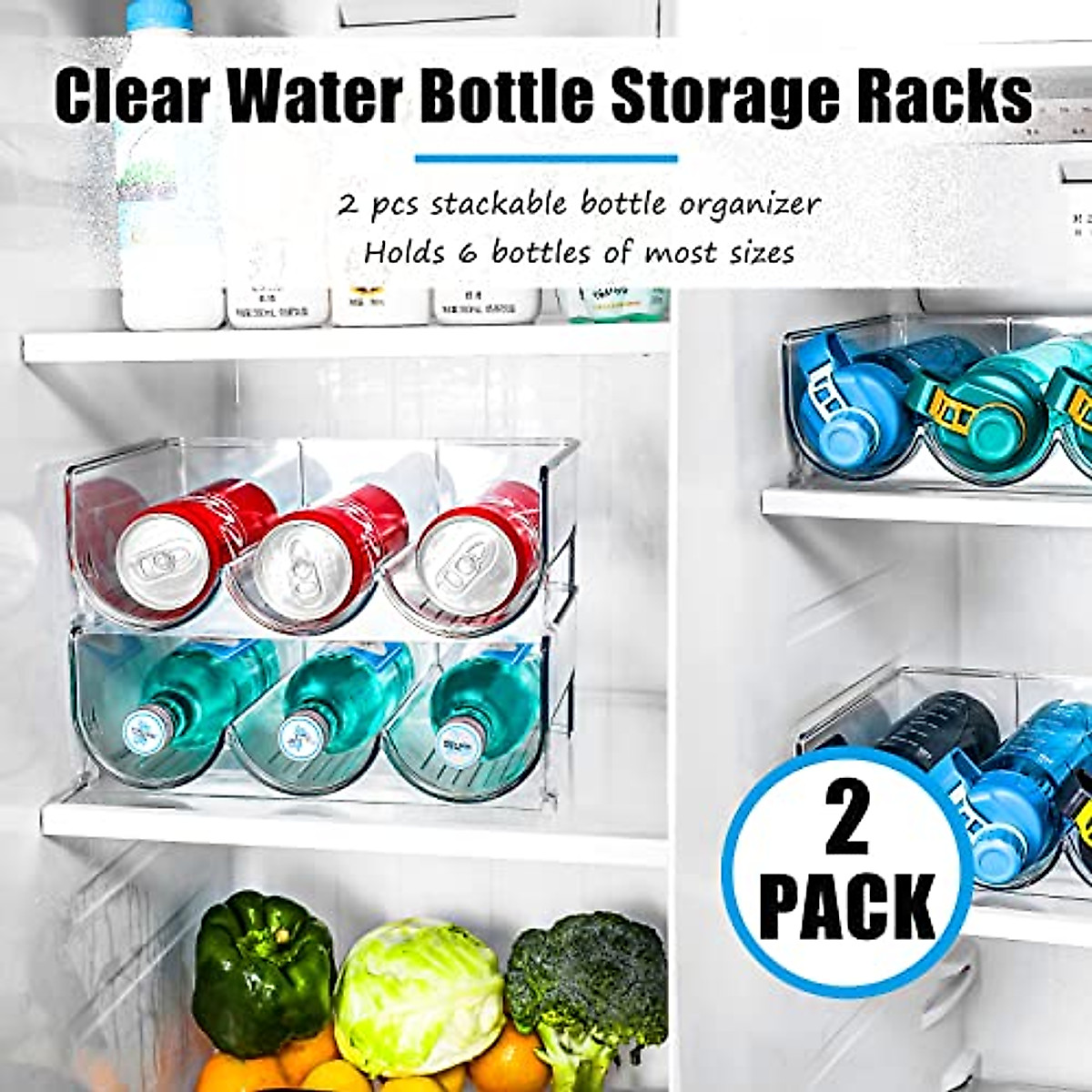 MeCids Water Bottle Organizer 2 Pack Stackable Bottle Holder for Kitchen Storage and Organizer Cabinet Space Saver Wine, Drink, Can Rack