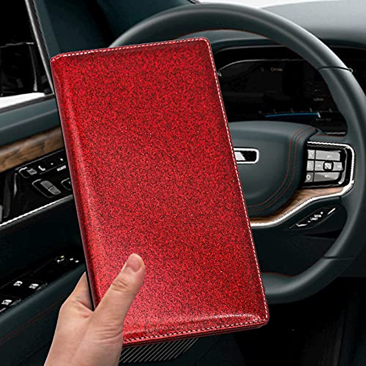 Teoenix Car Registration and Insurance Holder - Automotive Consoles & Organizers Vehicle Glove Box Wallet Accessories Case - Motorcycle, Truck, Trailer ID Holder & Document Storage - Bling Red