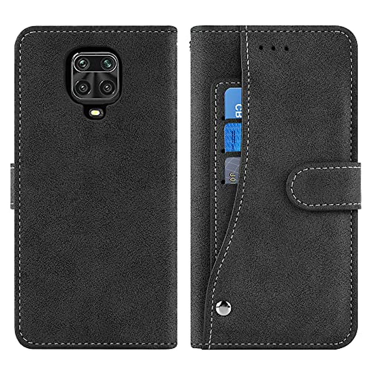 Compatible with Xiaomi Redmi Note 9s/9 Pro 4G Wallet Case and Tempered Glass Screen Protector Flip Credit Card Holder Stand Full Body Protective Phone Cover for Redme Note9 Pro Max/Poco M2 Pro Black