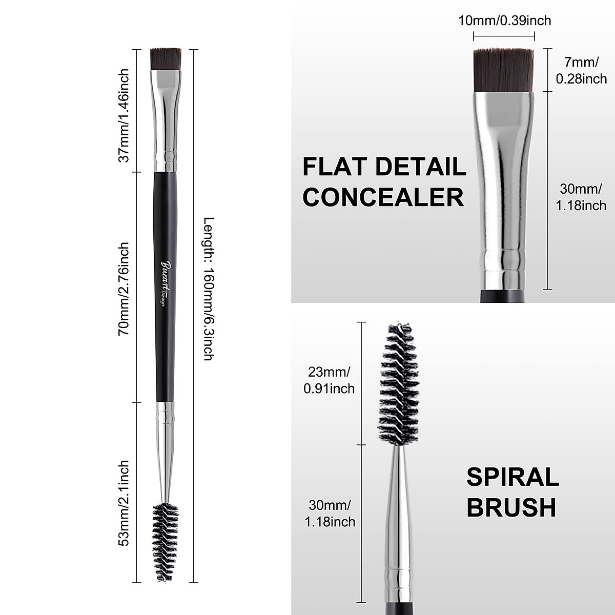Bueart Design PRECISION Concealer brush for eyebrows Dual Ended Detail Flat Eyeliner definer Brow Brush with spoolies for eyebrow eyelash Spiral Brush Spoolie Mascara Brush