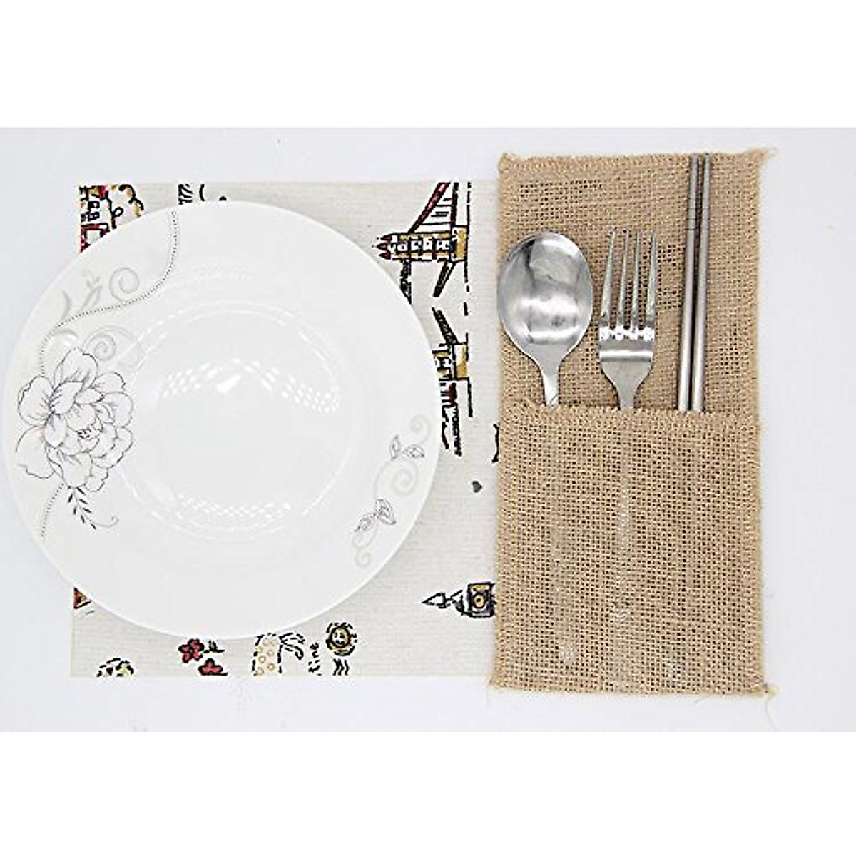 Cheonus 10PCS Burlap Cutlery Bags Hessian Knife Fork Tableware Utensil Linen Flatware Holder Jute Pouch Silverware Pockets for Wedding Decor