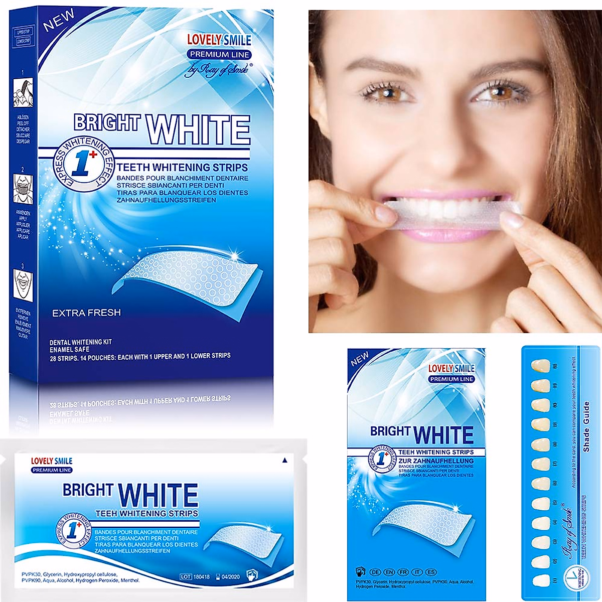 Lovely Smile Premium Line Teeth Whitening Strips - Enamel Safe - White Teeth in 1 Hour - No Slip and No Sensitivity - Dental Whitener Kit by Ray of Smile (28 Strips/Mint)