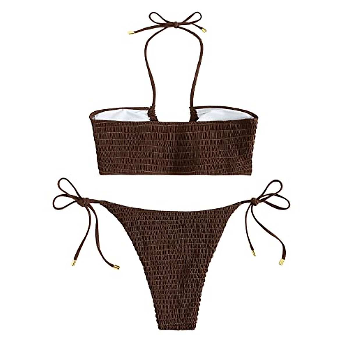 SweatyRocks Women's 2 Piece Bathing Suit Ribbed Tie Side Halter Bikini Swimsuit Coffee Brown M