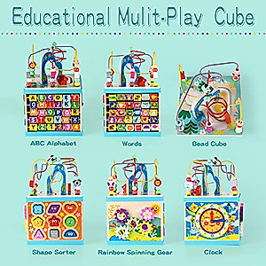 Qilay Wooden Activity Cube for Toddlers 1-3 (Large), 5 in 1 Multipurpose ABC-123 Abacus Bead Maze Shape Sorter | Early Educational Toy for Toddlers - First Birthday Present for Boys Girls