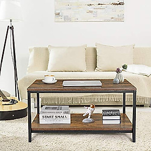 SUPER DEAL 2-Tier Industrial Coffee Table with Storage Shelf for Small Apartment Living Room, Rectangle Wood and Stable Metal TV Stand Side End Table, Rustic Brown