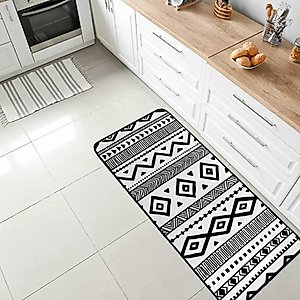 Kitchen Rug Mat Ethnic Boho Style Black White Non-Slip Absorbent Runner Rug for Kitchen Floor, Entryway, Hallway and Dining Room, Machine Washable Carpet