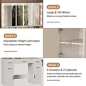 ISHARINGTIME 43.3" Vanity Desk with Large Lighted Mirror, Makeup Vanity with 5 Drawers & Power Outlet, 11 Lights, 3 Color Lighting Modes Adjustable Brightness, Dressing Table for Bedroom, White