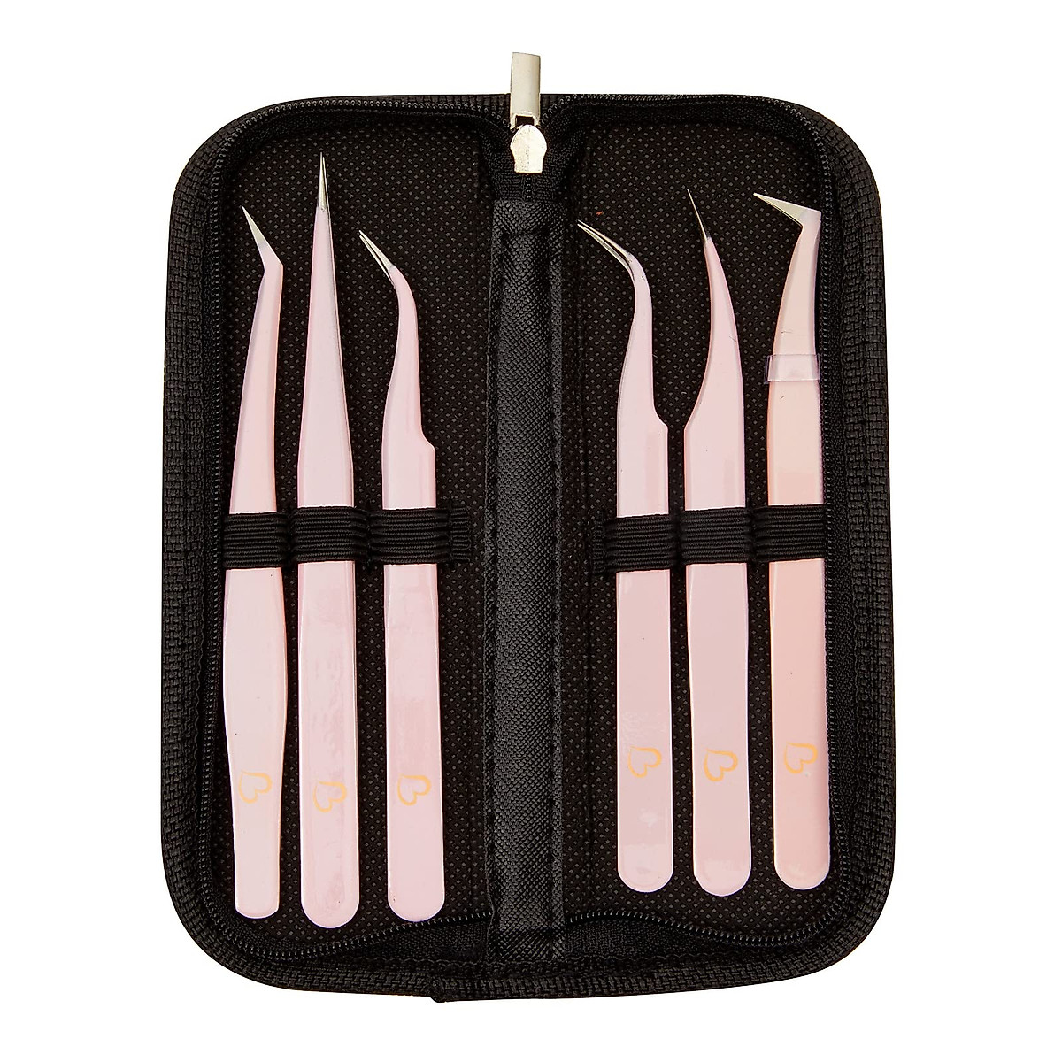 Okuna Outpost 6-Piece Precision Tweezer Set for Eyelash Extensions with Storage Case (Light Pink)