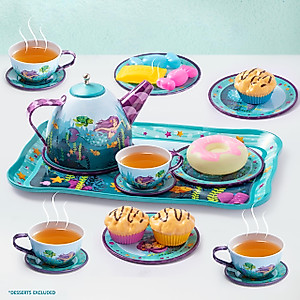 JOYIN Mermaid Tea Set for Toddlers Tea Party Set for Children Kids Pretend Role Play Tin Teapot Set with Cups, Plates and Carrying Case Kitchen Toy for Little Girls Birthday Gifts Age 3 4 5 6