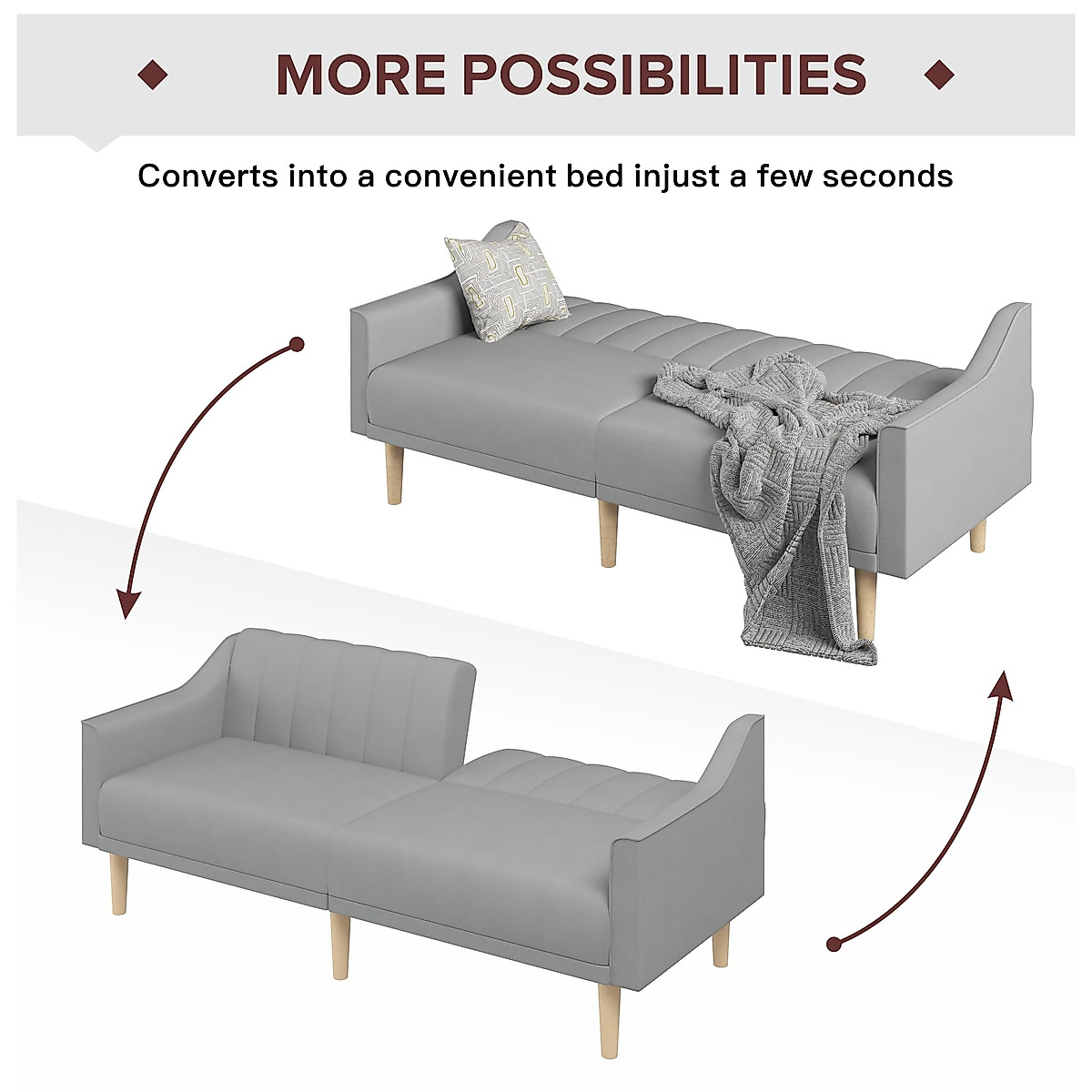 ZeeFu Convertible Futon Sofa Bed,74" Modern Grey Velvet Convertible Folding Sleeper Sofa Bed with Adjustable Backrest,Upholstered Reclining Futon Sofa Couch for Living Room Bedroom Office Apartments