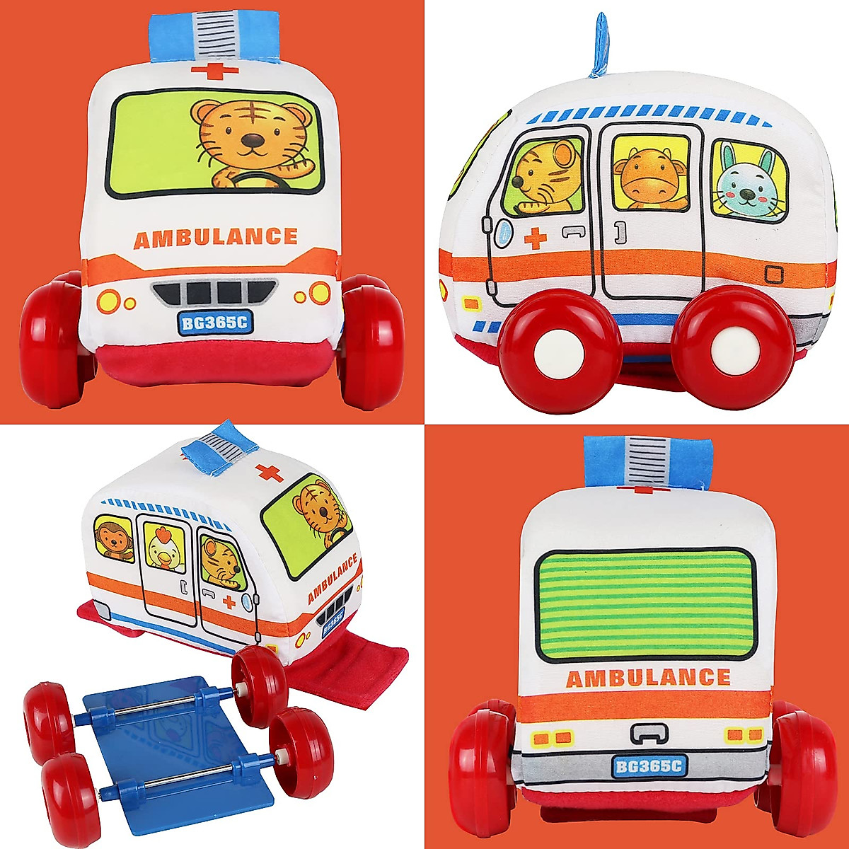 Click N' Play Plush Cars - Set of 4 Soft Cars - Durable Stuffed Ambulance, Taxi, Police Car, Ice Cream Truck Toys - Sensory Baby Car Toy Set - Sensory Push Cars for Toddlers, Kids