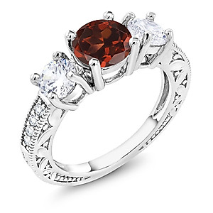 Gem Stone King 3.16 Ct Round Red Garnet 3-Stone Ring For Women (Available 6,7,8) (Size 8)