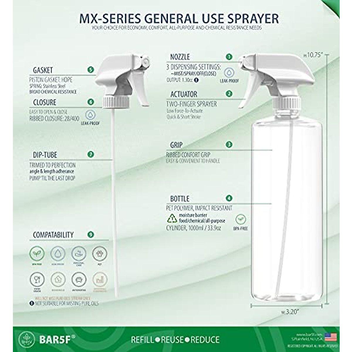 Bar5F Plastic Spray Bottles with Mixor Trigger, 32 oz | Professional, Leak Proof, Empty, Adjustable Fine to Powerful Sprayer, Refillable | Water Plants, Cleaning Solutions | Crystal Clear | Pack of 3