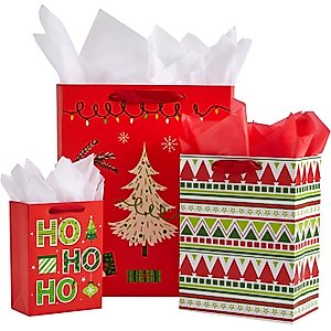 SUNCOLOR 9 Pack Christmas Gift Bags Assorted Sizes With Tissue paper (3 Large 13", 3 Medium 9", 3 Small 6")