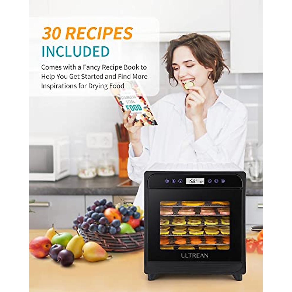 Ultrean Food Dehydrator, 8 Stainless Steel Trays Dehydrator for Jerky, Fruit, Veggies, Meat, Yogurt, Food Dryer Machine with Adjustable Digital Timer and Temperature Control (Rscipe Book Included)