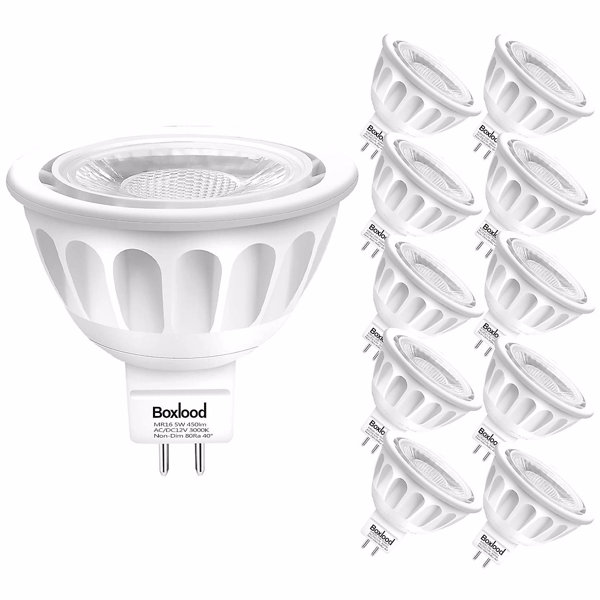 10Pack MR16 LED Light Bulbs, AC/DC12 Volt LED Spotlight Bulb, Gu5.3 Bi-Pin Base, 5 Watt(50 Watt Equivalent), Non Dimmable, 3000 Kelvin Warm White, 40 Degree Narrow Beam Angle by Boxlood