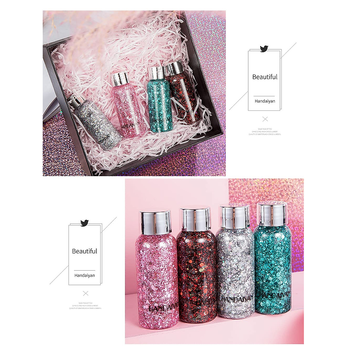 HANDAIYAN Holographic Body Glitter Gel Nail Hair Body Face Eye Shadow Mermaid Sequins Chunky Glitter Festival Glitter Makeup for Body, Face, Hair Makeup (01 Silver)