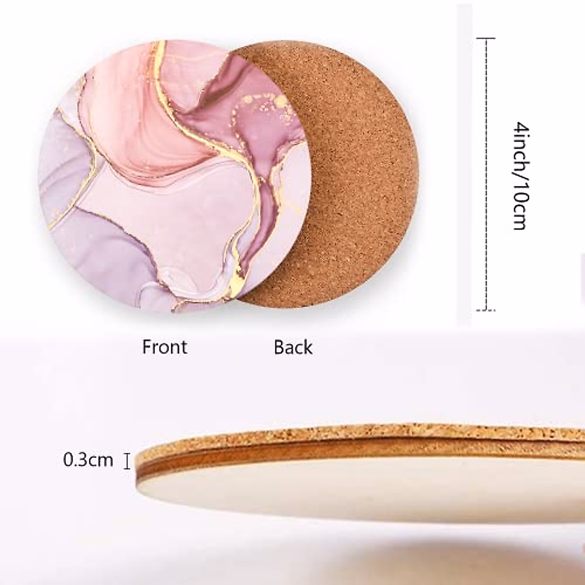 kasader Coasters for Drinks 4 Pcs Cork Coasters Absorbent Heat Resistant Coaster Premium Home Decor Housewarming Gifts - Pink Marble Pattern, 3.93in