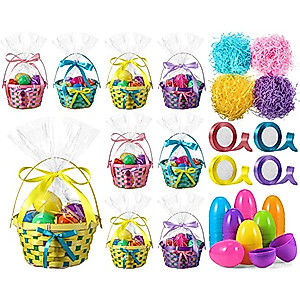 Easter Woven Bamboo Basket with Handles Sets Include Easter Round Basket, Grass Shred, Plastic Fillable Easter Eggs, Colorful Satin Ribbon, Clear Plastic Bag for Easter Party Supplies (8 Pack)