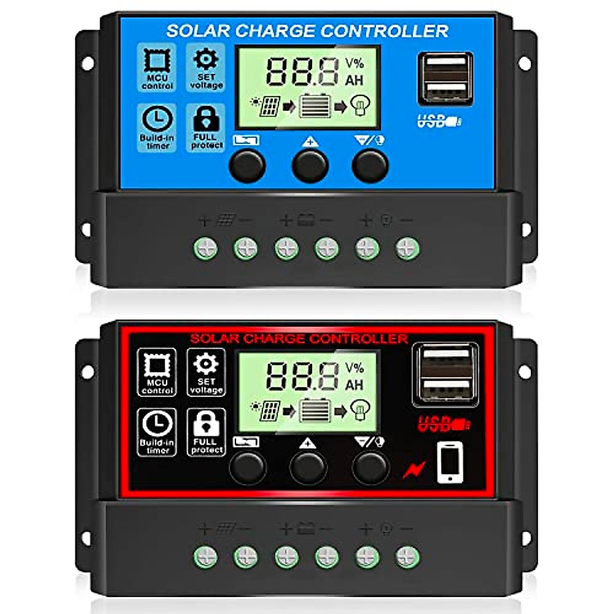 2Pcs 30A Solar Charge Controller, Black Solar Panel Battery Intelligent Regulator with Dual USB Port 12V/24V PWM Auto Paremeter Adjustable LCD Display
