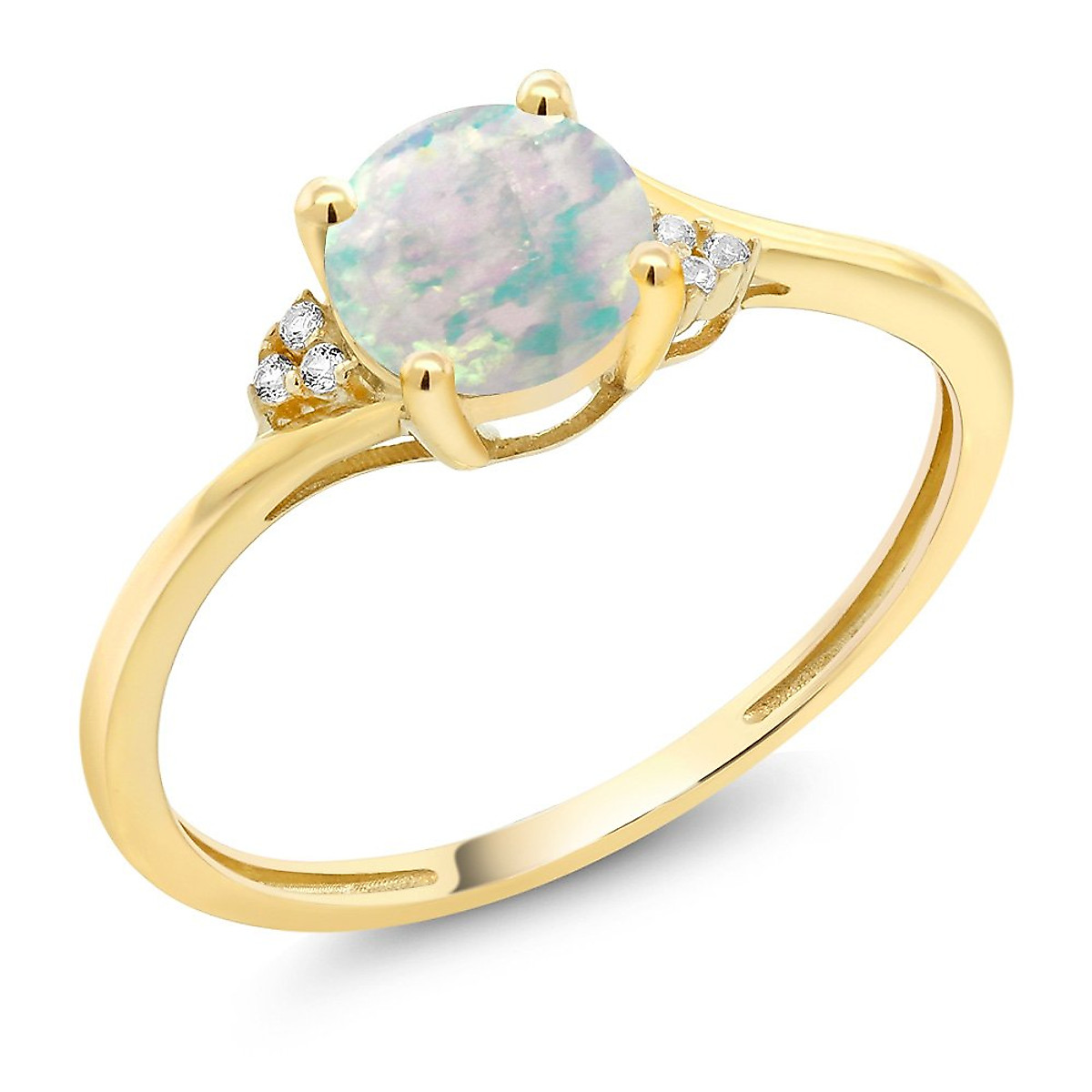 Gem Stone King 10K Yellow Gold Cabochon White Simulated Opal and Diamond Accent Women's Engagement Ring (0.35 Cttw) (Size 7)